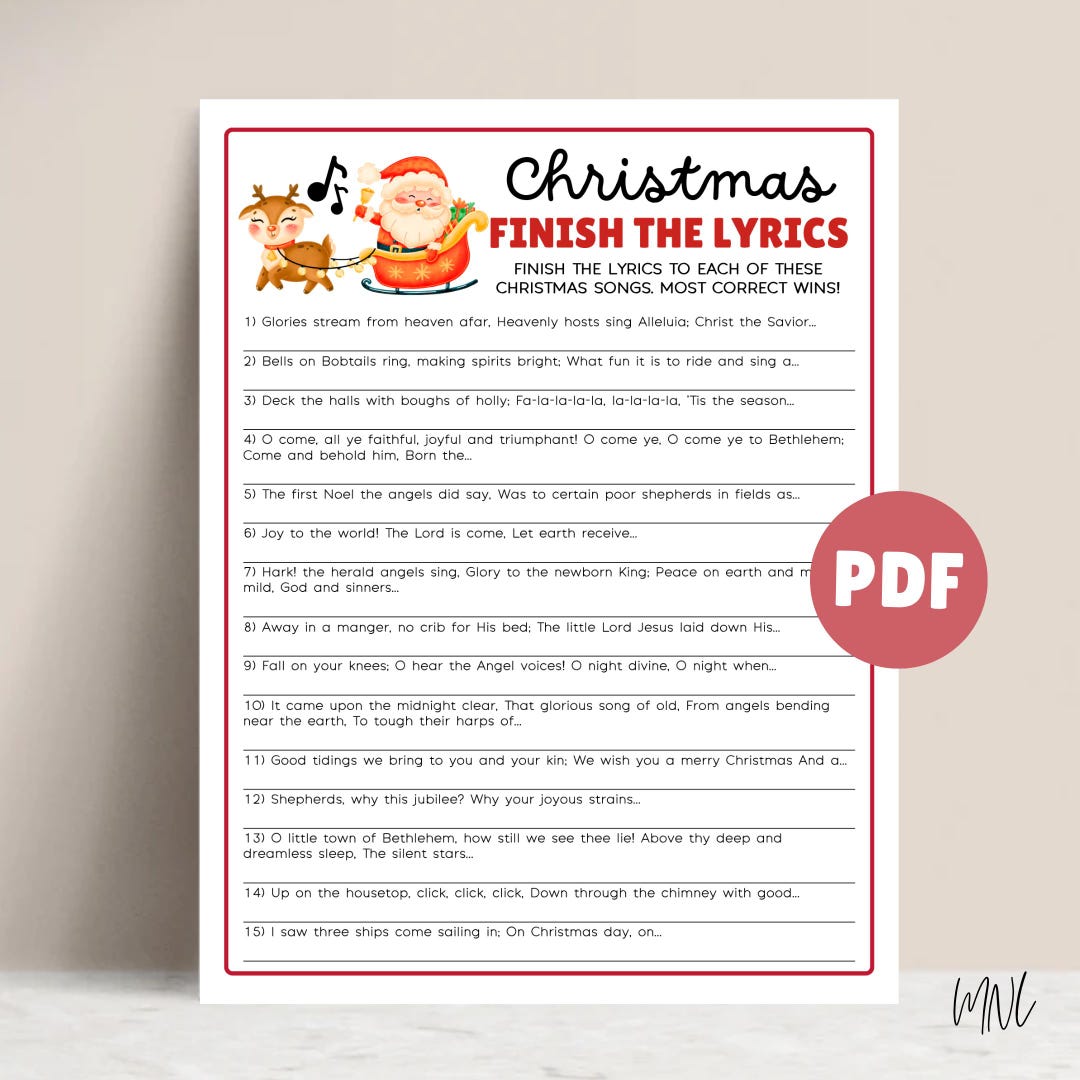 Christmas Song Game Finish the Lyrics Printable Christmas Party Game ...