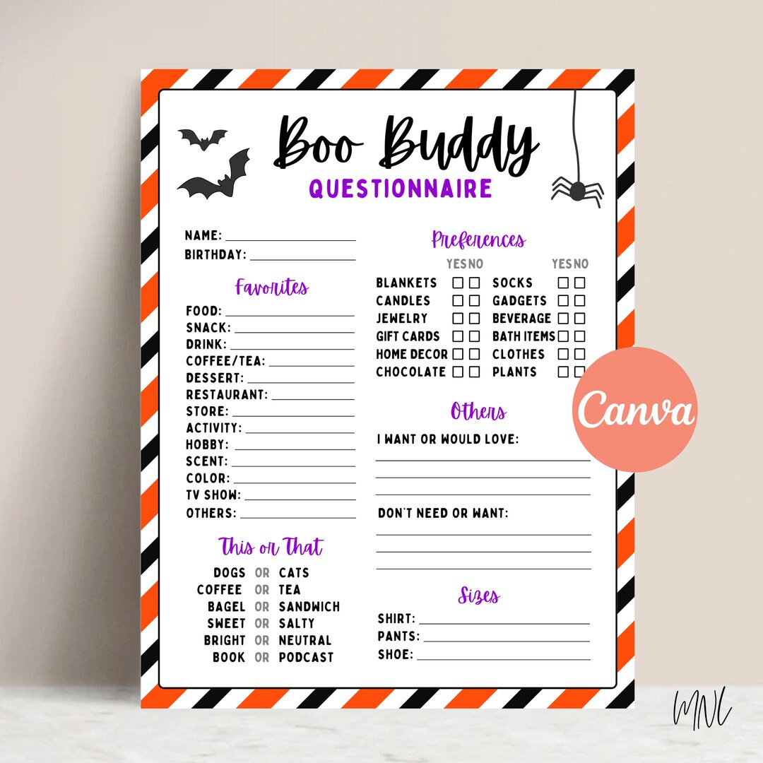 Boo Buddy Questionnaire for Halloween Coworker Questions Staff ...