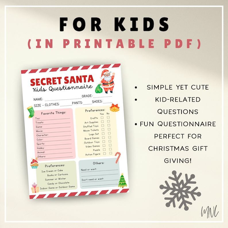 Secret Santa Questionnaire for Kids Christmas Party Gift Exchange Gift ...