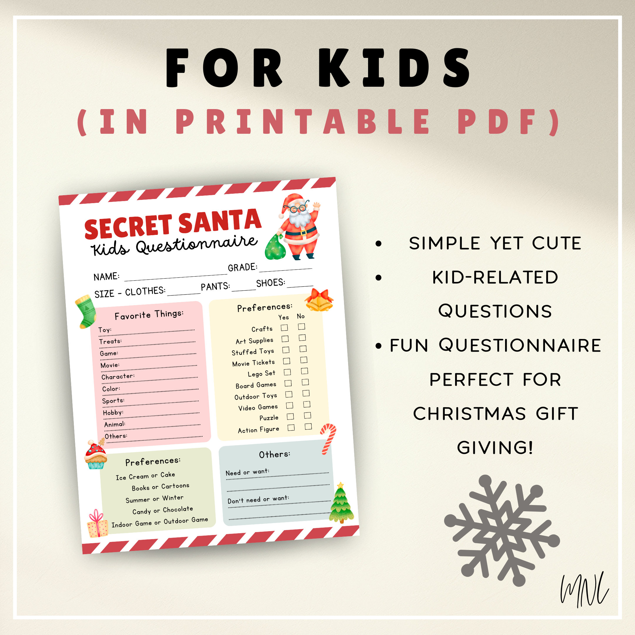 Secret Santa Questionnaire for Kids Christmas Party Gift Exchange Gift ...
