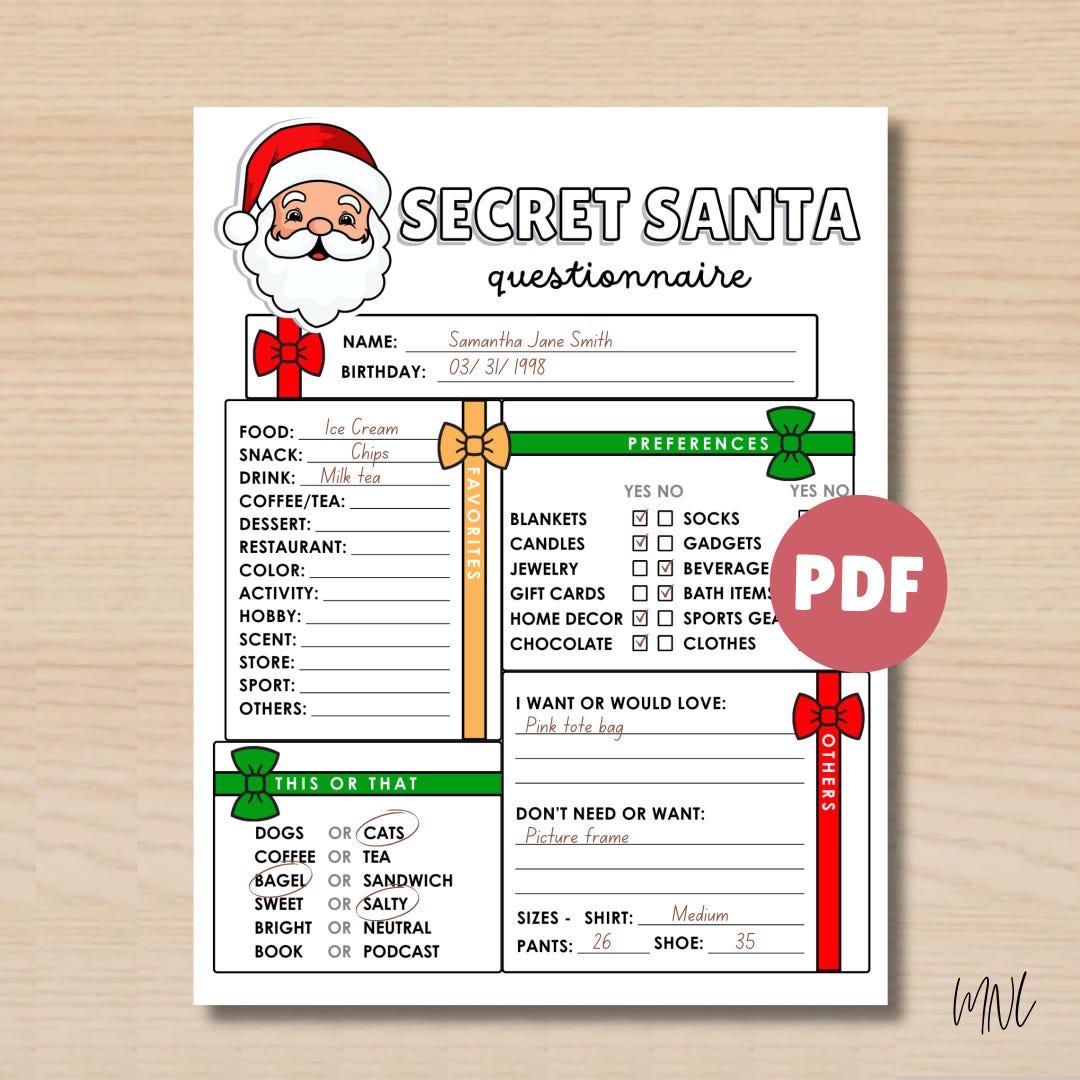 Secret Santa Questionnaire for Christmas Party Work Gift Exchange Gift ...