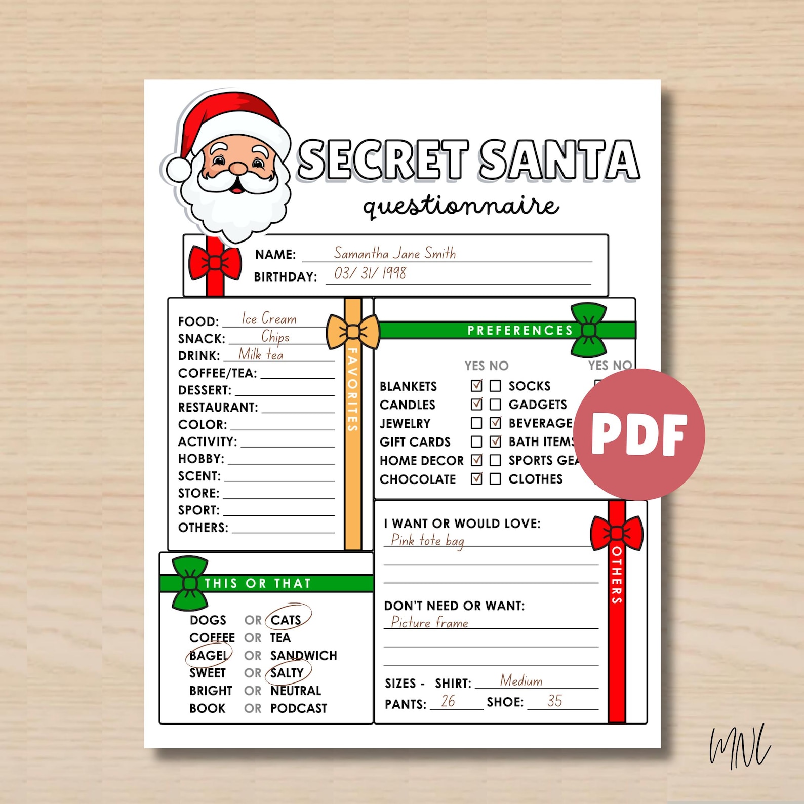 Secret Santa Questionnaire for Christmas Party Work Gift Exchange Gift ...