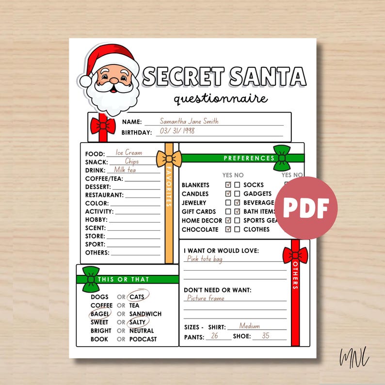 Secret Santa Questionnaire for Christmas Party Work Gift Exchange Gift ...
