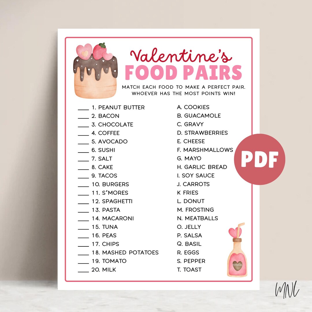 Valentines Day Food Pairs Game, Valentines Day Activity, Valentines Day ...