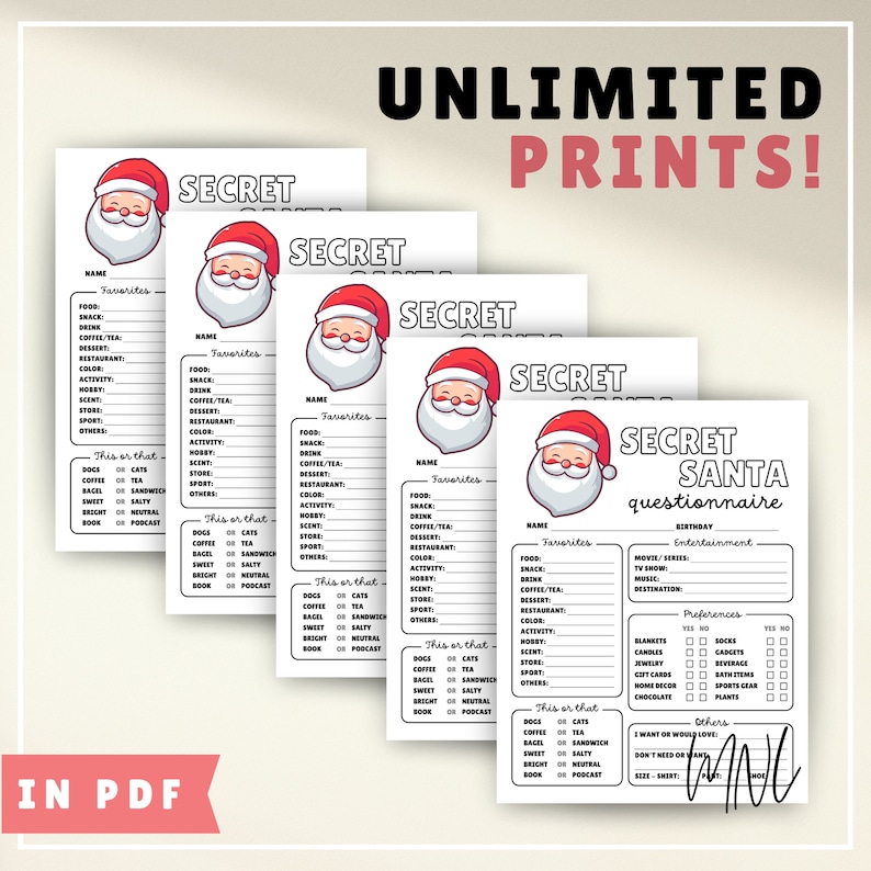 Secret Santa Questionnaire for Christmas Party Work Gift Exchange Gift ...