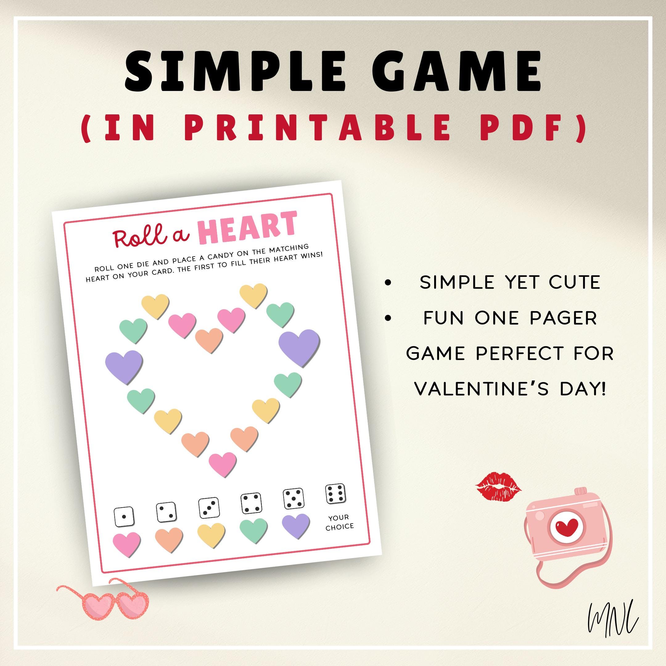 Roll a Heart Game for Valentine Party Game Printable Valentines ...