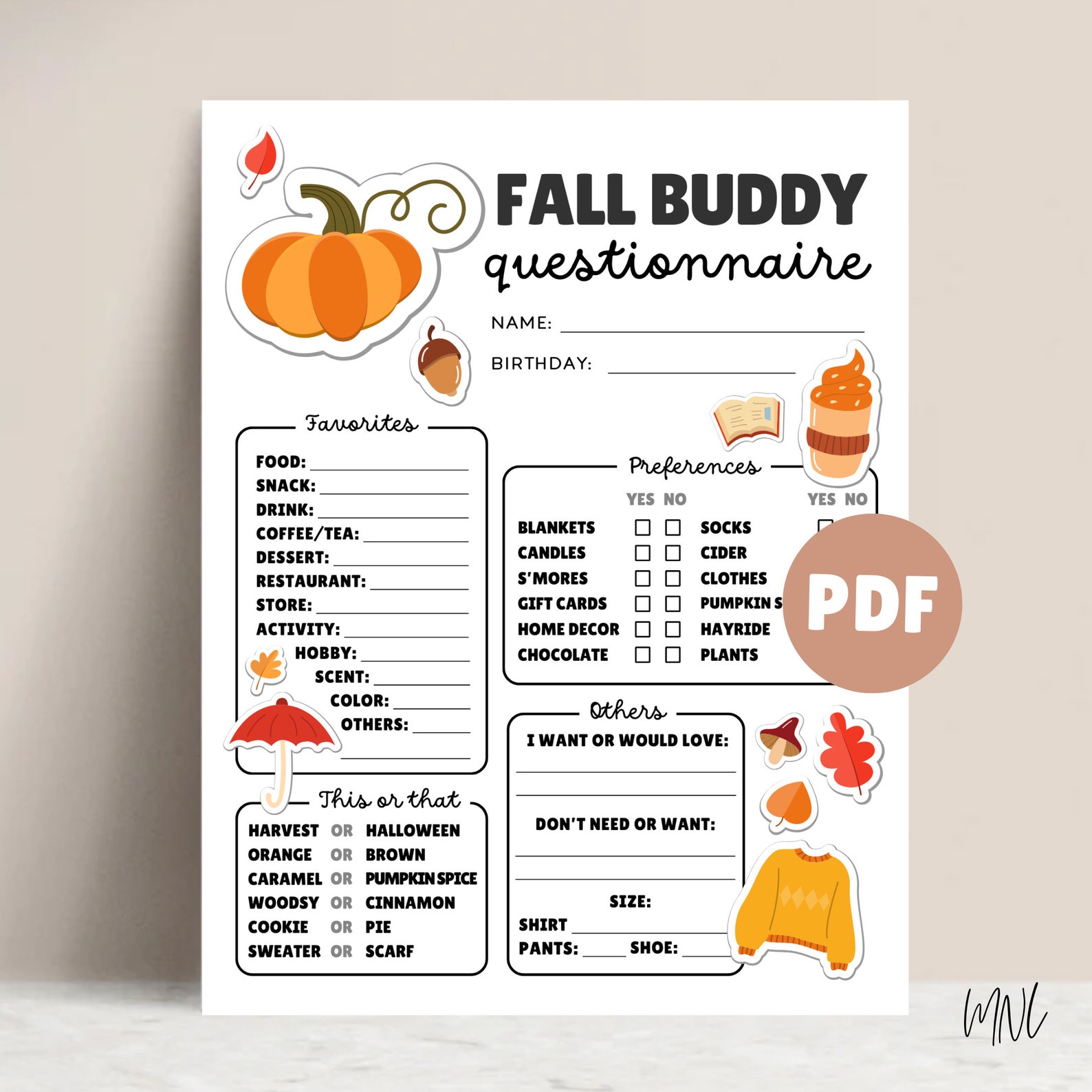 Fall Questionnaire for Fall Gift Exchange, Fall Buddy Questionnaire ...