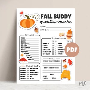 Fall Questionnaire for Fall Gift Exchange, Fall Buddy Questionnaire ...