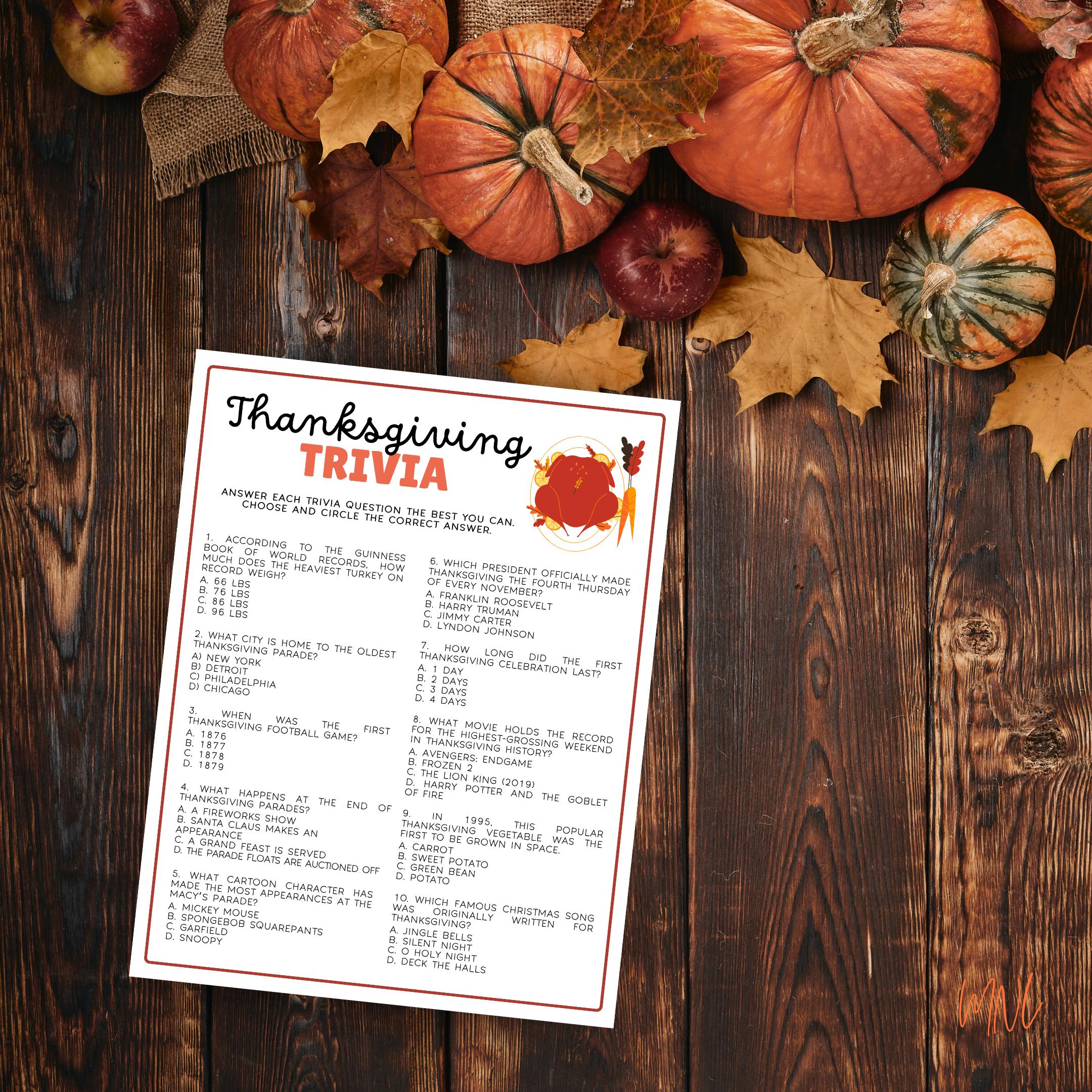 Thanksgiving Trivia Game for Thanksgiving Party, Printable Thanksgiving ...
