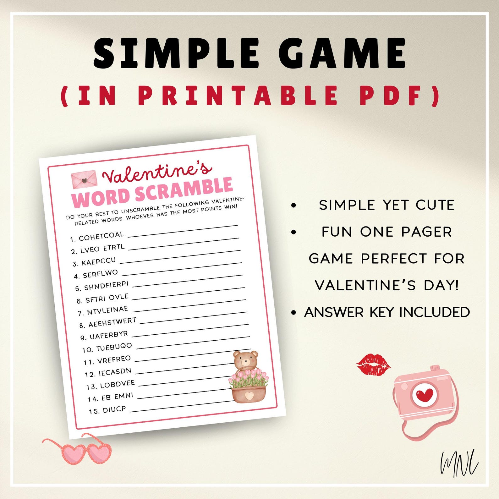 Valentines Word Scramble for Valentines Party Game Printable Valentines ...
