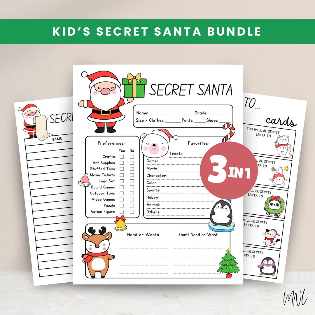 Secret Santa Questionnaire Bundle for Kids Christmas Party Gift ...
