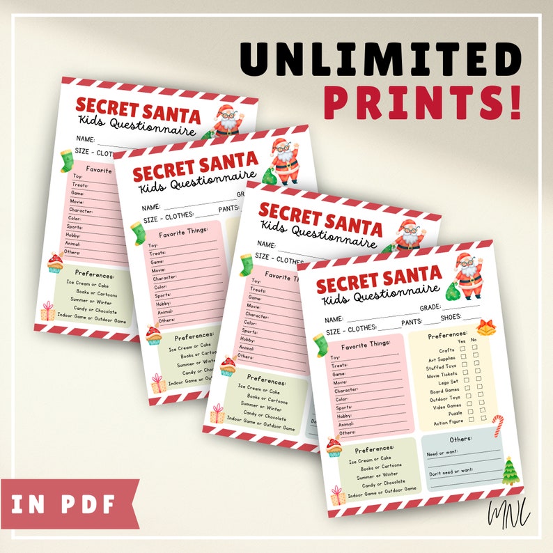 Secret Santa Questionnaire for Kids Christmas Party Gift Exchange Gift ...