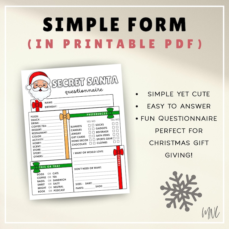 Secret Santa Questionnaire for Christmas Party Work Gift Exchange Gift ...