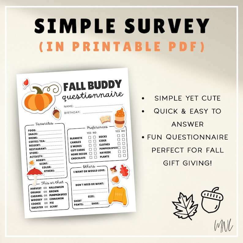 Fall Questionnaire for Fall Gift Exchange, Fall Buddy Questionnaire ...