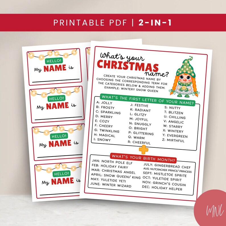Christmas Name Game With Name Tag, What’s Your Elf Name Game Printable ...
