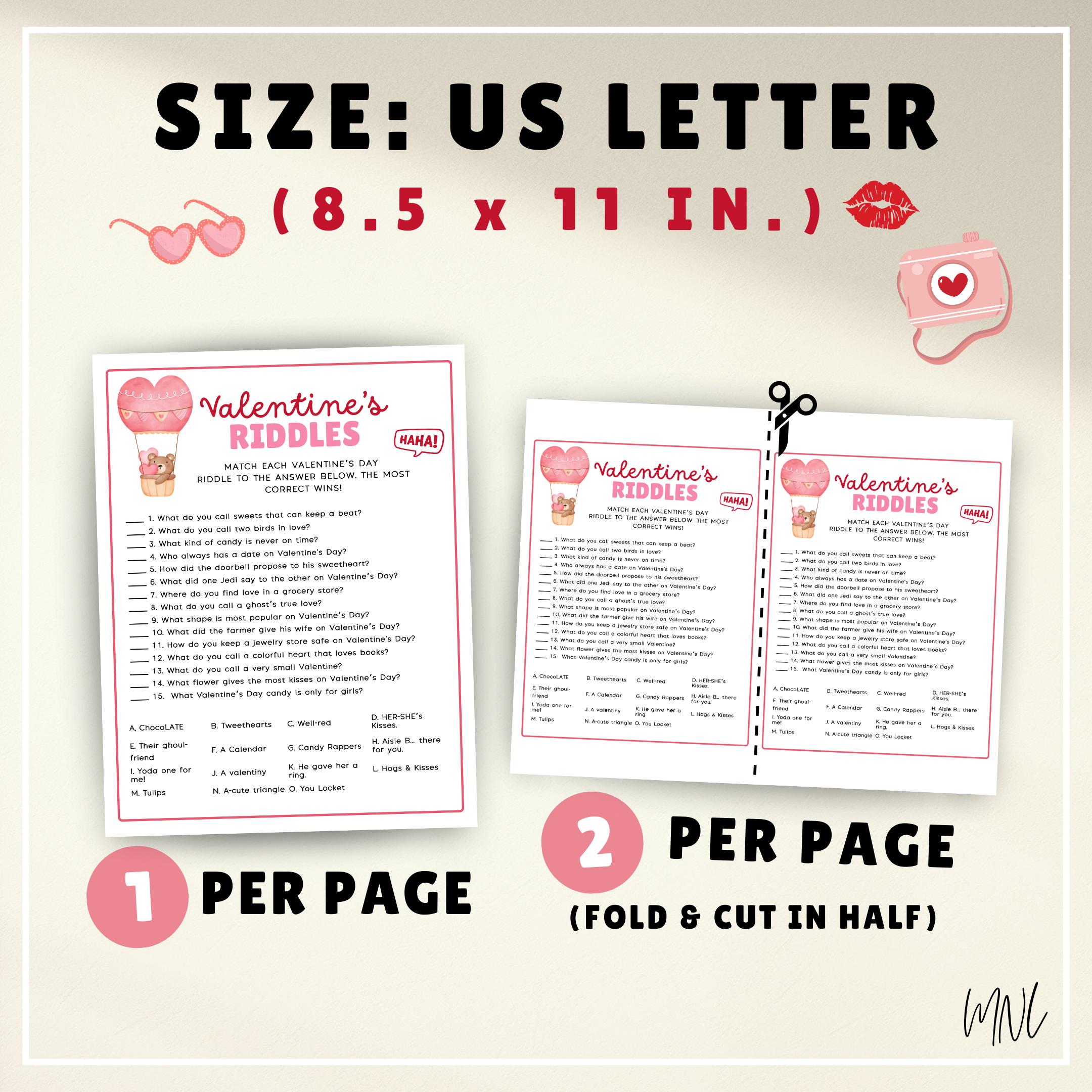 Valentines Riddles for Valentines Day Party Game Printable Valentines ...