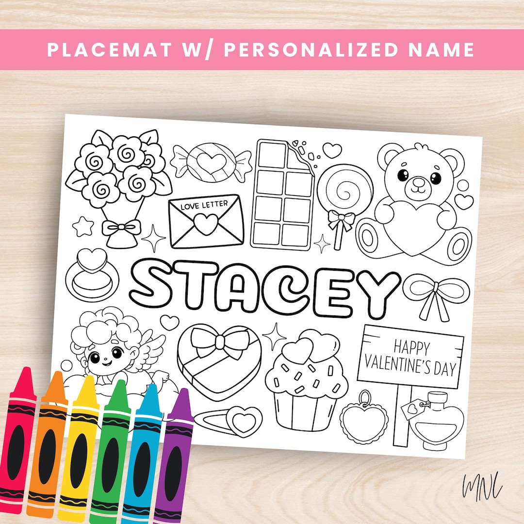 Personalized Valentine's Day Coloring Placemat, Printable Kids Activity ...