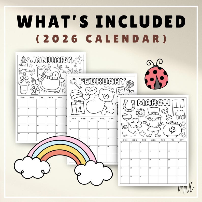 Kids Monthly Calendar 2026, Printable Coloring Calendar for Kids, 2026 ...