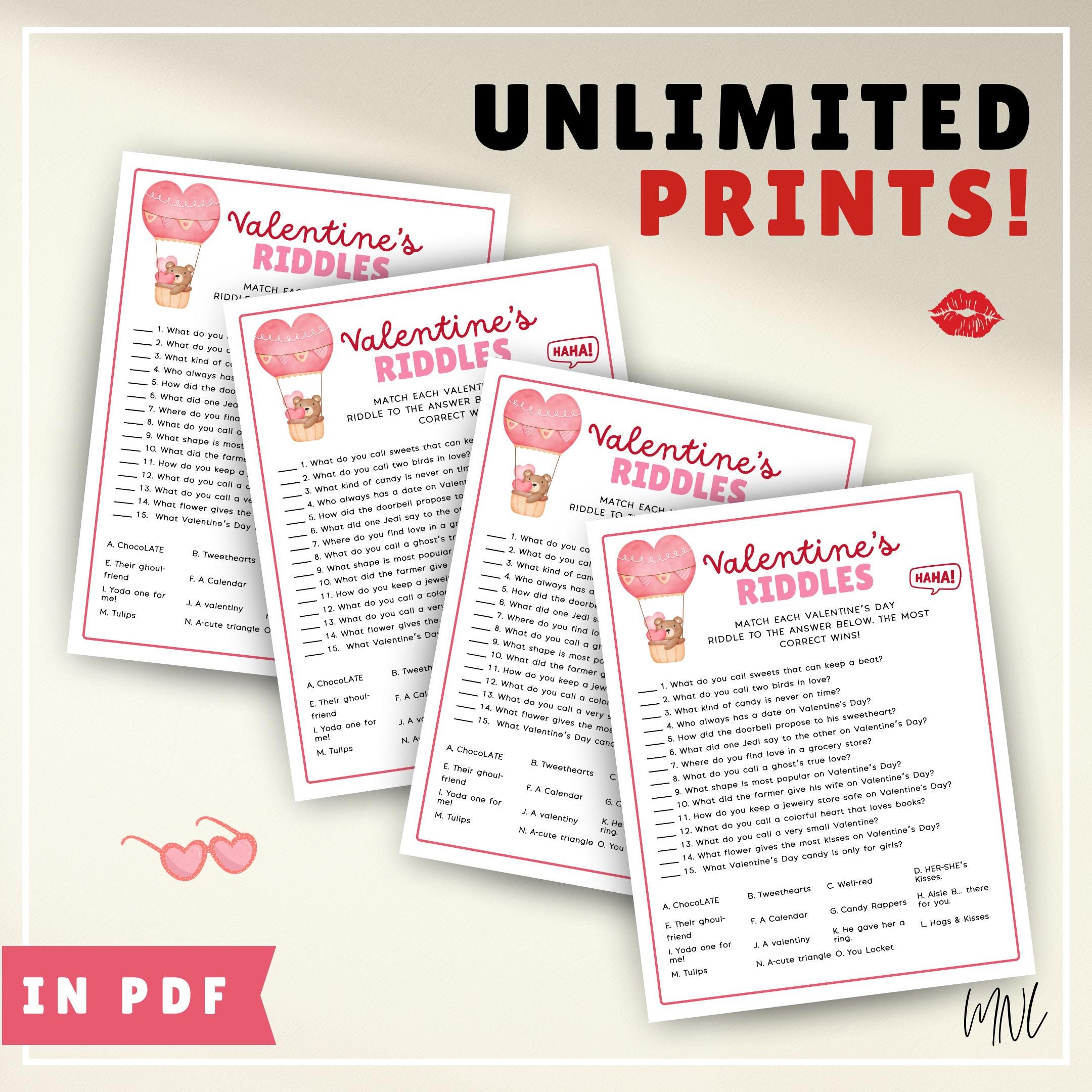 Valentines Riddles for Valentines Day Party Game Printable Valentines ...