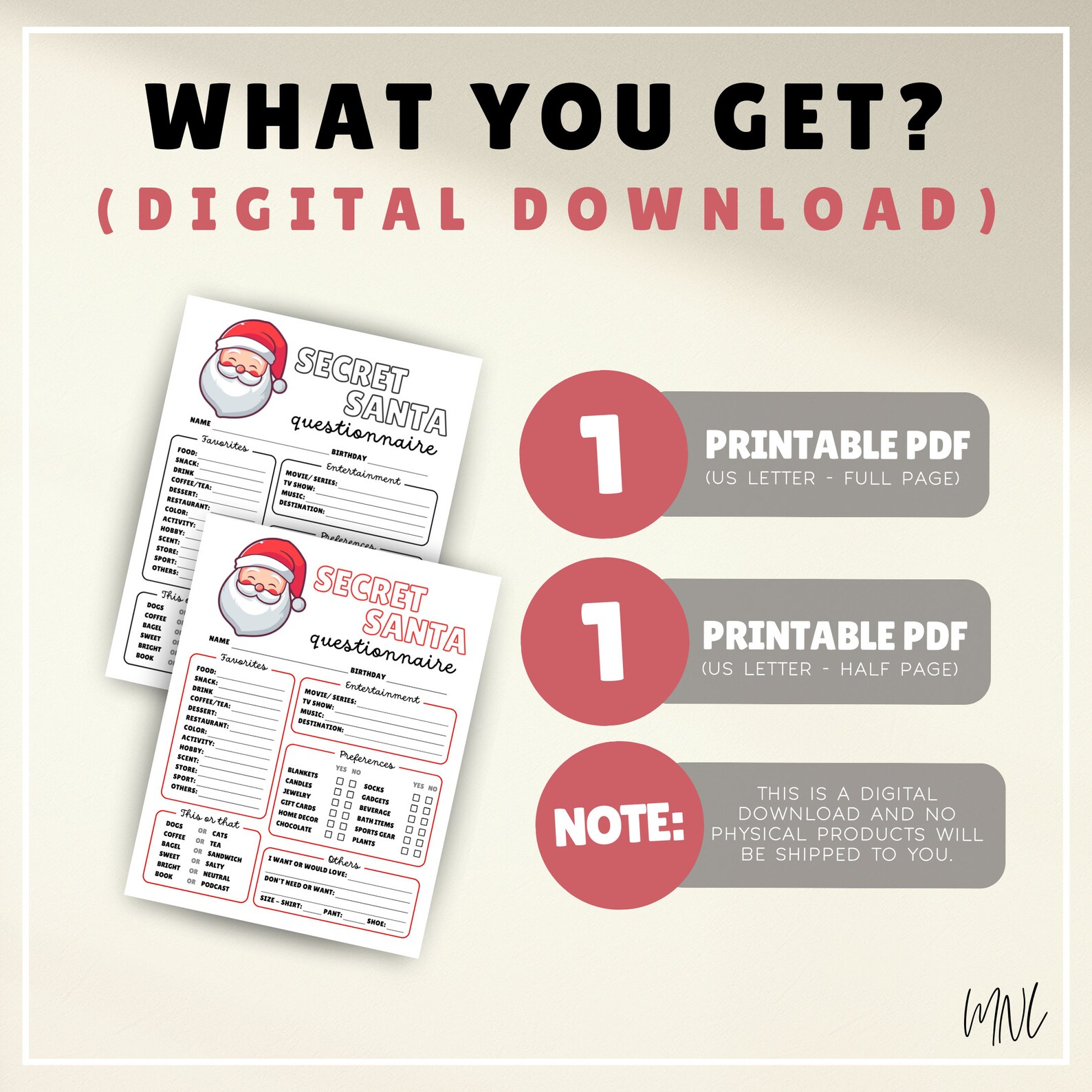 Secret Santa Questionnaire for Christmas Party Work Gift Exchange Gift ...