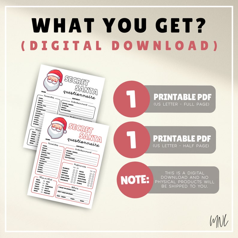 Secret Santa Questionnaire for Christmas Party Work Gift Exchange Gift ...