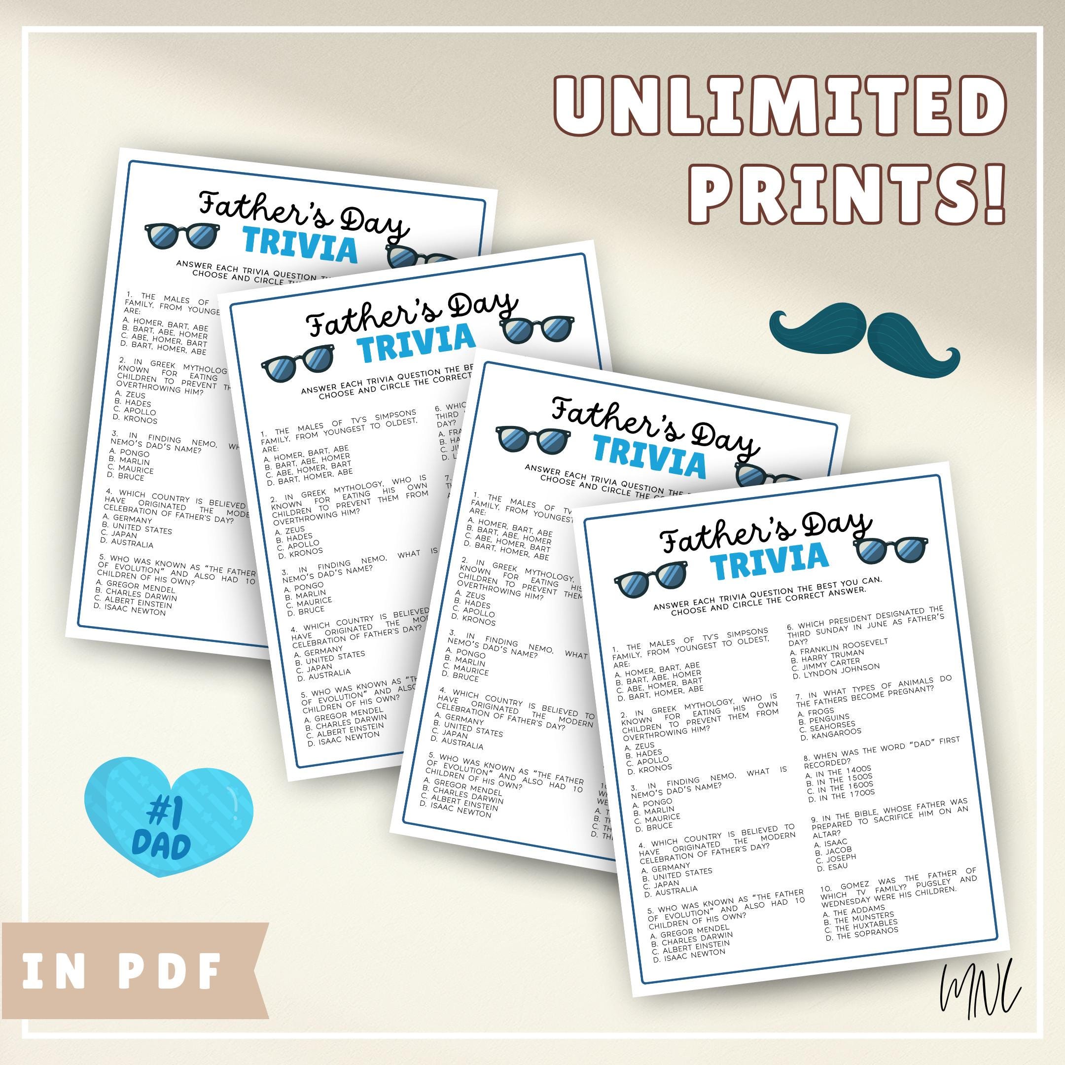 Fathers Day Trivia Game for Father’s Day Party, Printable Father’s Day ...