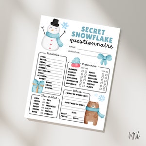 Secret Snowflake Questionnaire for Christmas Party Work Gift Exchange ...