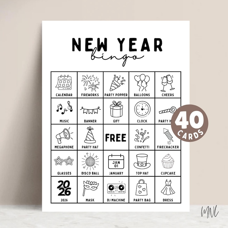 Happy New Year Bingo Cards for Kids, Teens and Adults, New Years Party ...