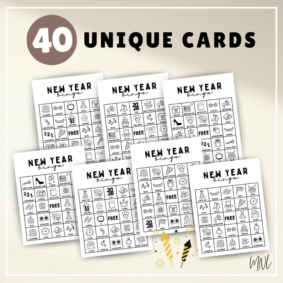 Happy New Year Bingo Cards for Kids, Teens and Adults, New Years Party ...