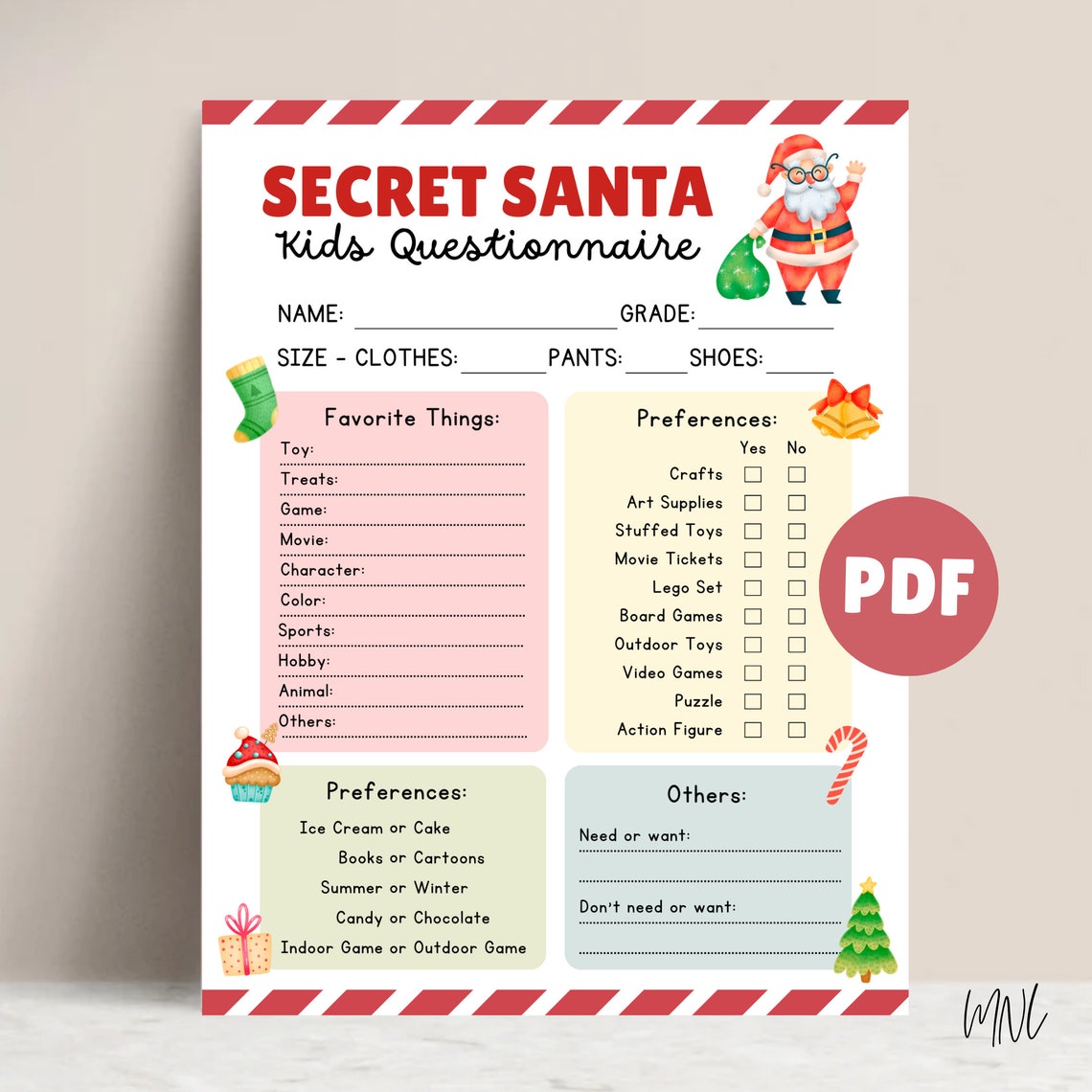 Secret Santa Questionnaire for Kids Christmas Party Gift Exchange Gift ...