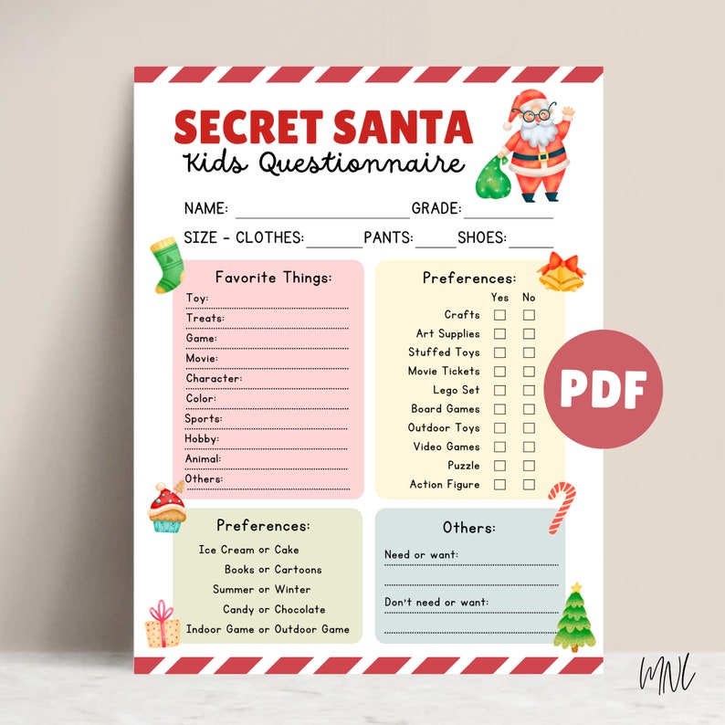 Secret Santa Questionnaire for Kids Christmas Party Gift Exchange Gift ...