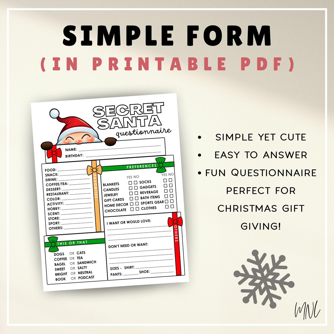 Secret Santa Questionnaire for Christmas Party Work Gift Exchange Gift ...