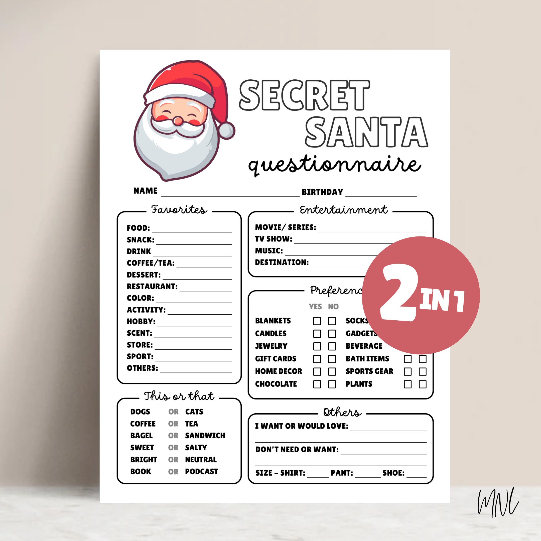 Secret Santa Questionnaire for Christmas Party Work Gift Exchange Gift ...
