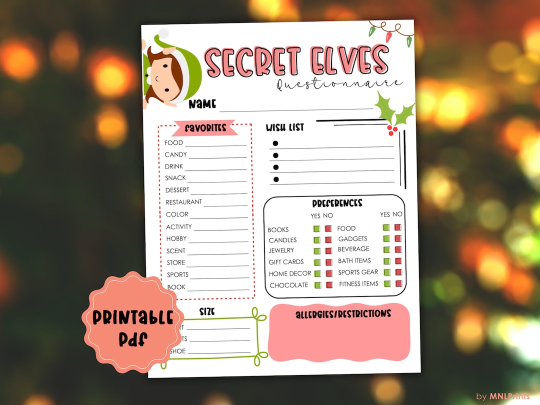 Secret Elves Questionnaire for Christmas Party Work Gift Exchange Gift ...