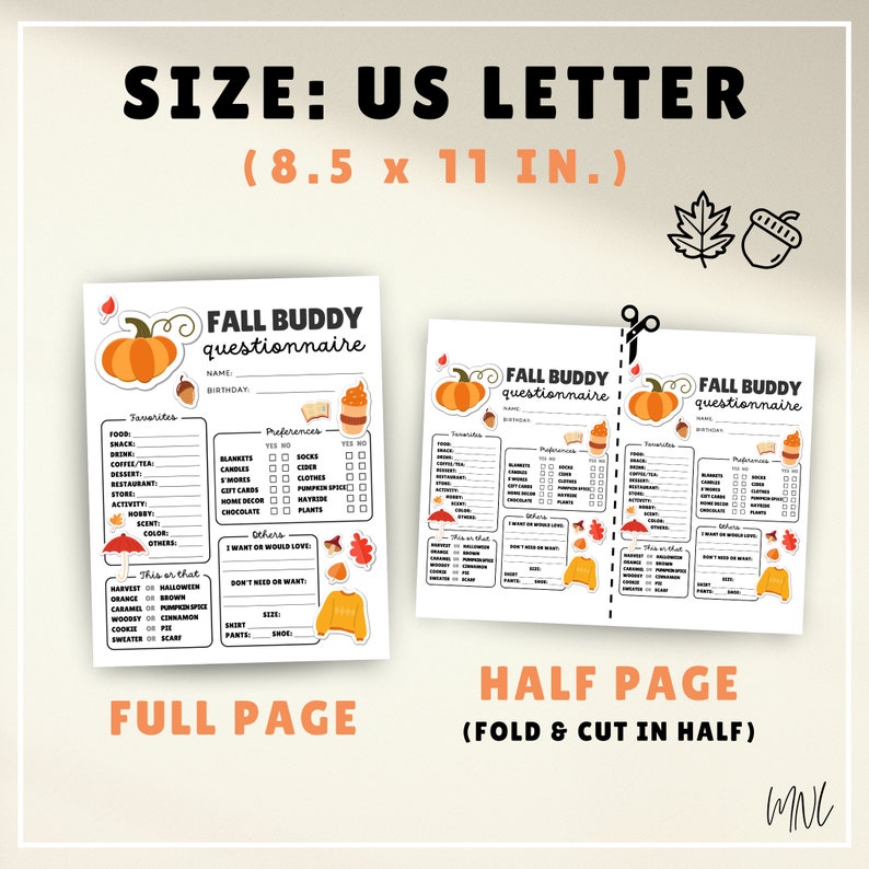 Fall Questionnaire for Fall Gift Exchange, Fall Buddy Questionnaire ...