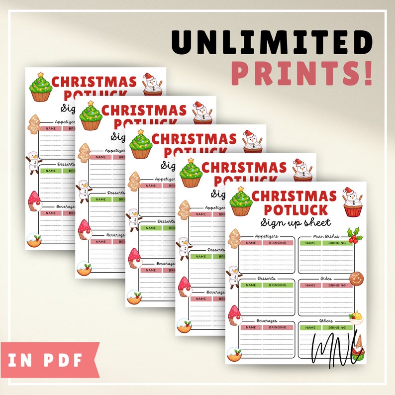 Christmas Potluck Sign up Sheet for Christmas Party, Printable ...