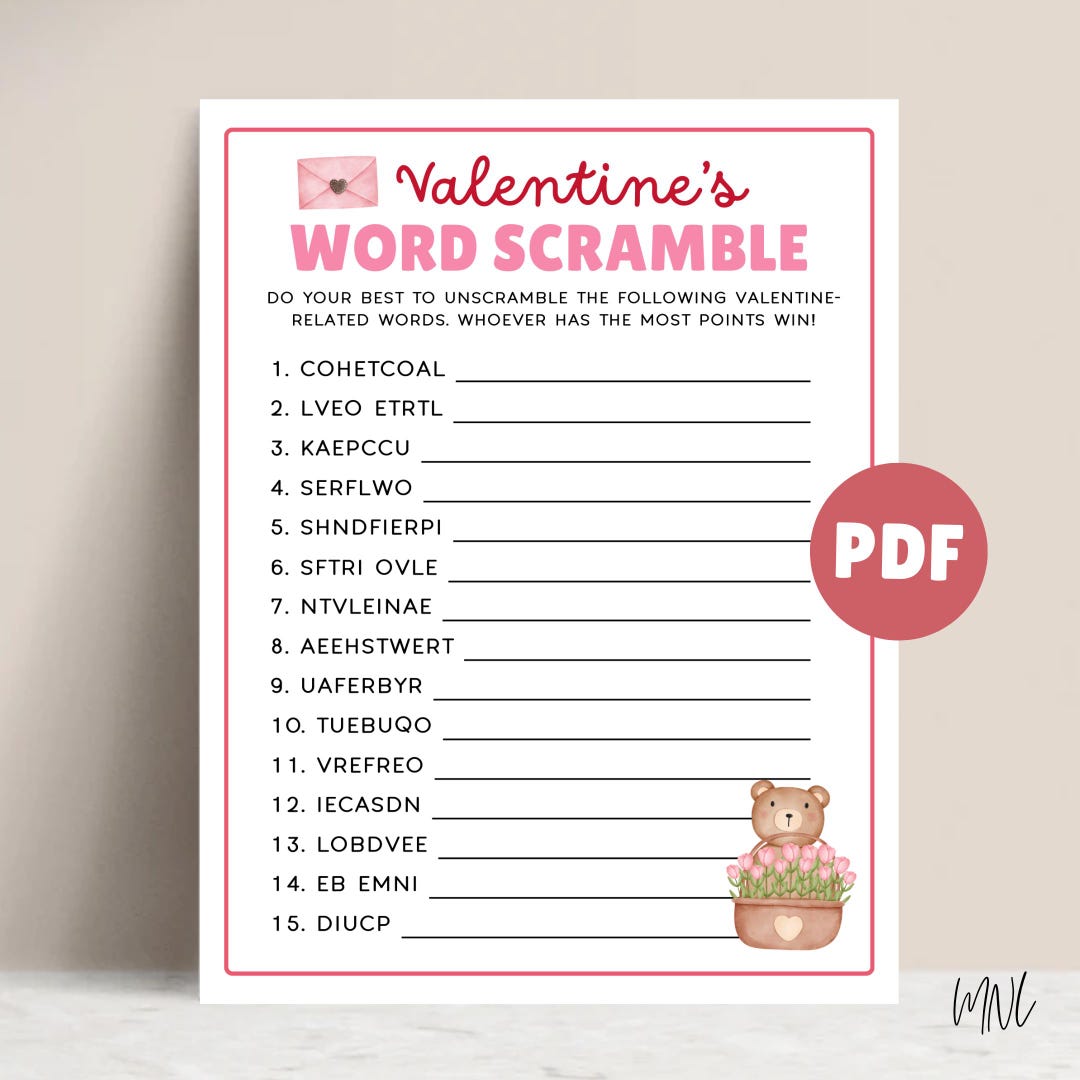 Valentines Word Scramble for Valentines Party Game Printable Valentines ...