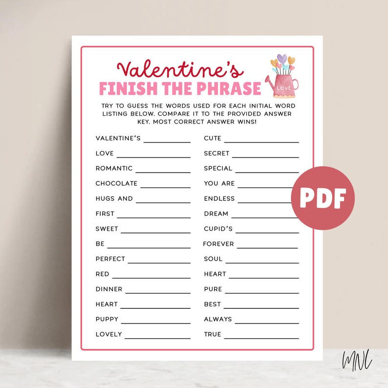 Valentines Day Finish the Phrase, Valentine's Day Party Game Finish My ...