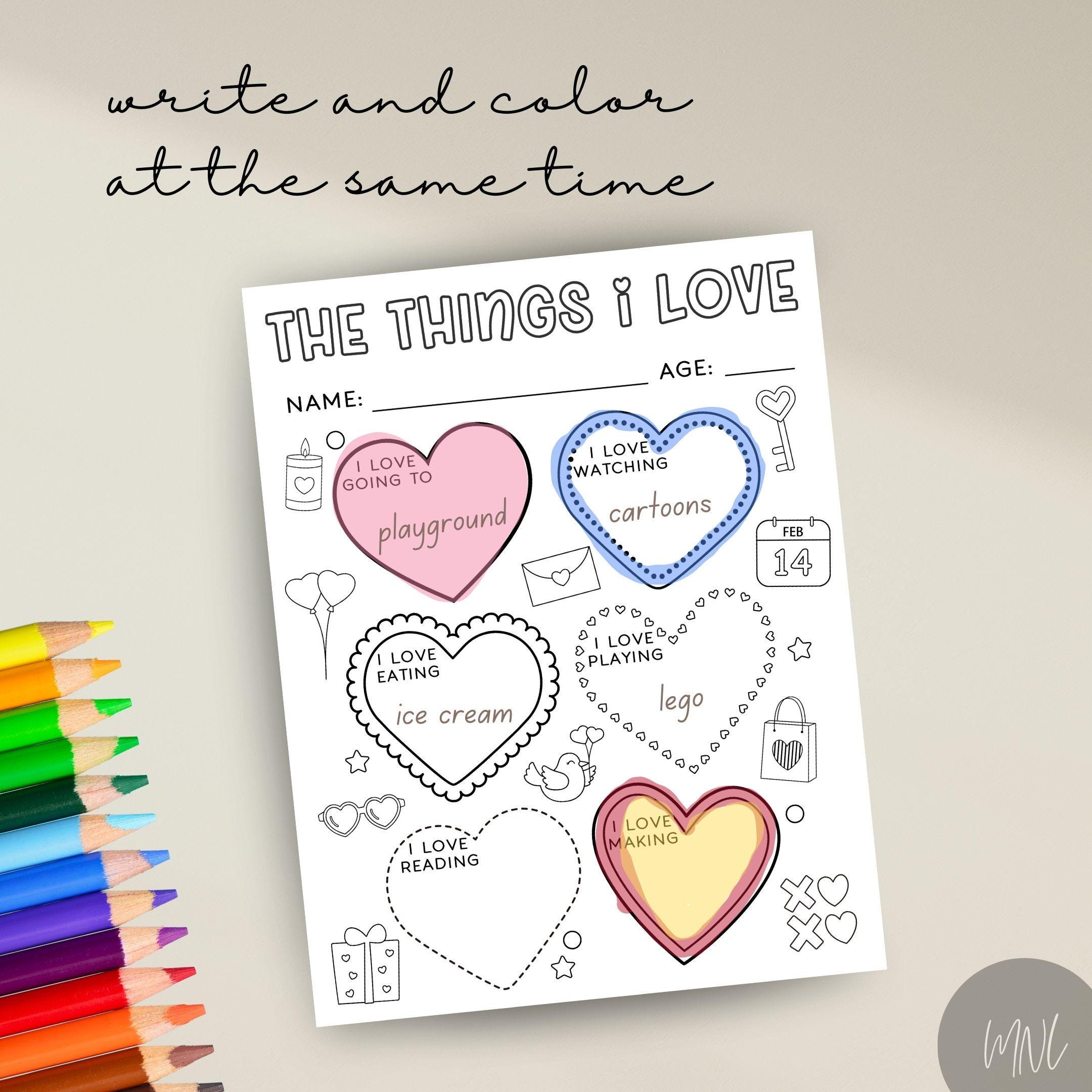 Valentine’s Day Kids Activity Coloring Page – Things I Love, Valentines ...