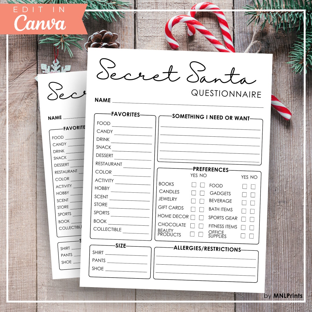 Editable Secret Santa Questionnaire Template for Christmas Party Work ...