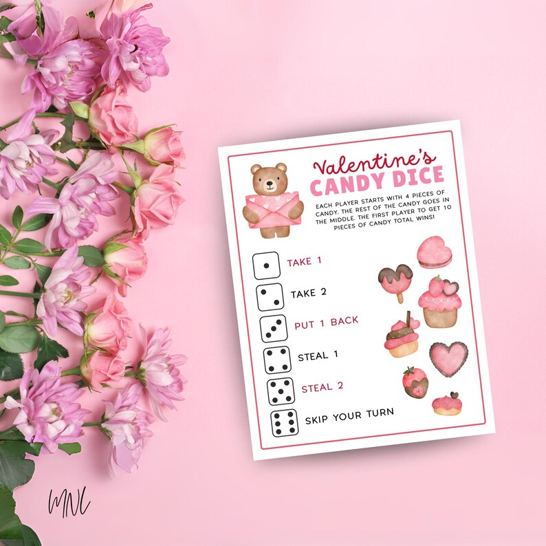 Valentine Candy Dice Game for Valentine Party Game Printable Valentine ...
