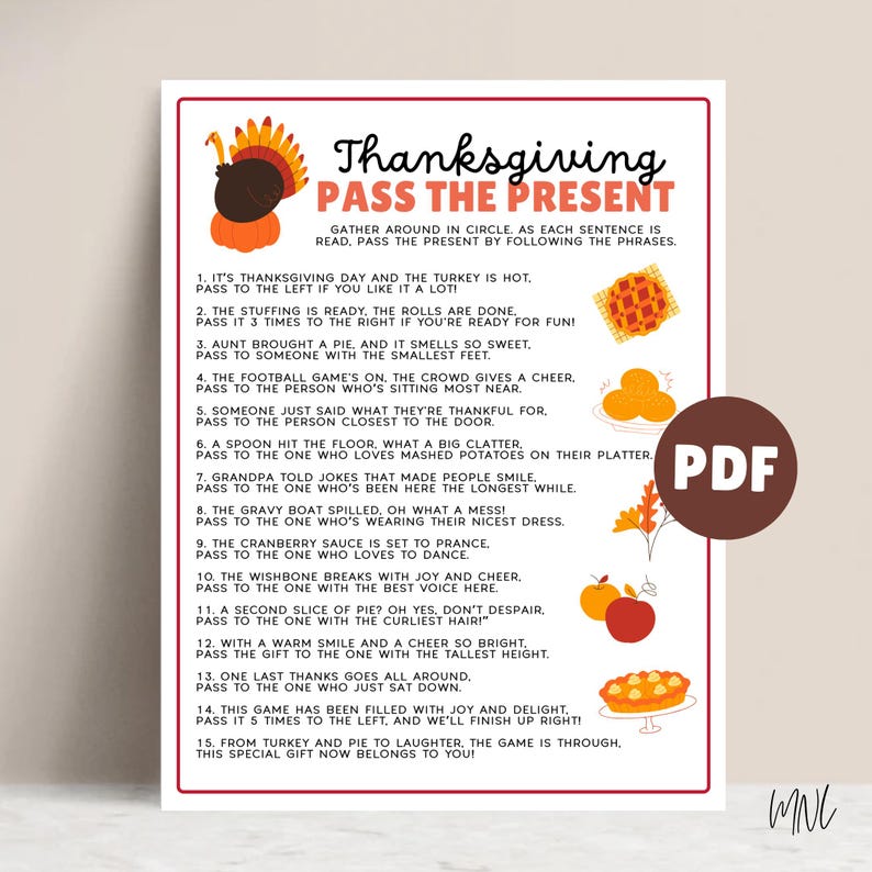 Pass the Present Thanksgiving Game, Pass the Gift Game for Thanksgiving ...