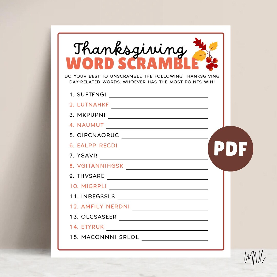 Thanksgiving Word Scramble Game for Thanksgiving Party, Friendsgiving ...