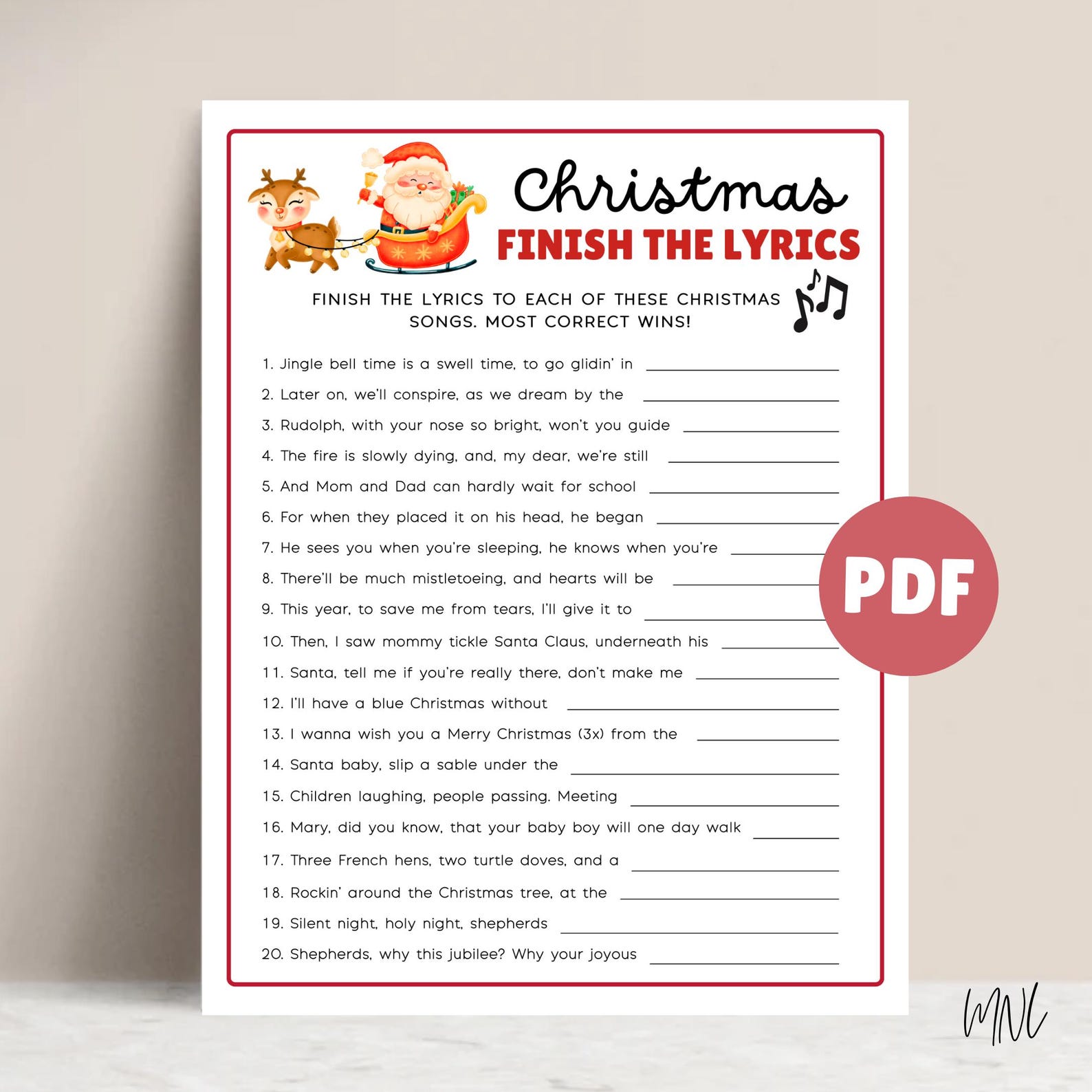 Christmas Song Game Finish the Lyrics Printable Christmas Party Game ...