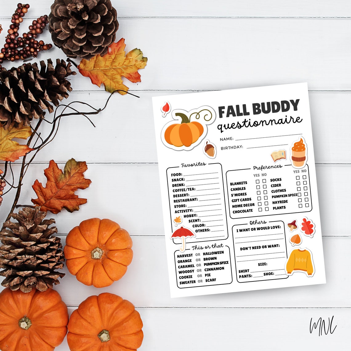 Fall Questionnaire for Fall Gift Exchange, Fall Buddy Questionnaire ...