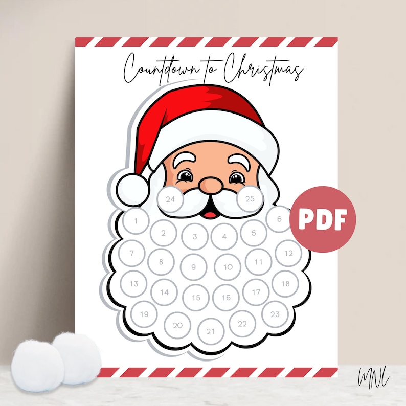 Santa Christmas Countdown Calendar Printable Advent Calendar Countdown ...