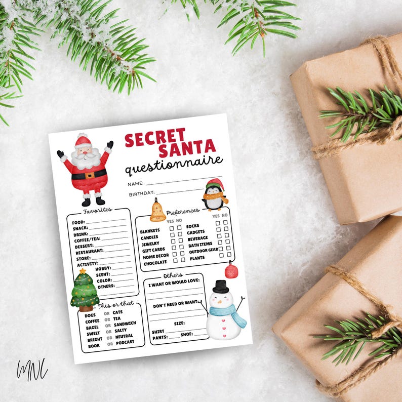 Secret Santa Questionnaire for Christmas Party Work Gift Exchange Gift ...
