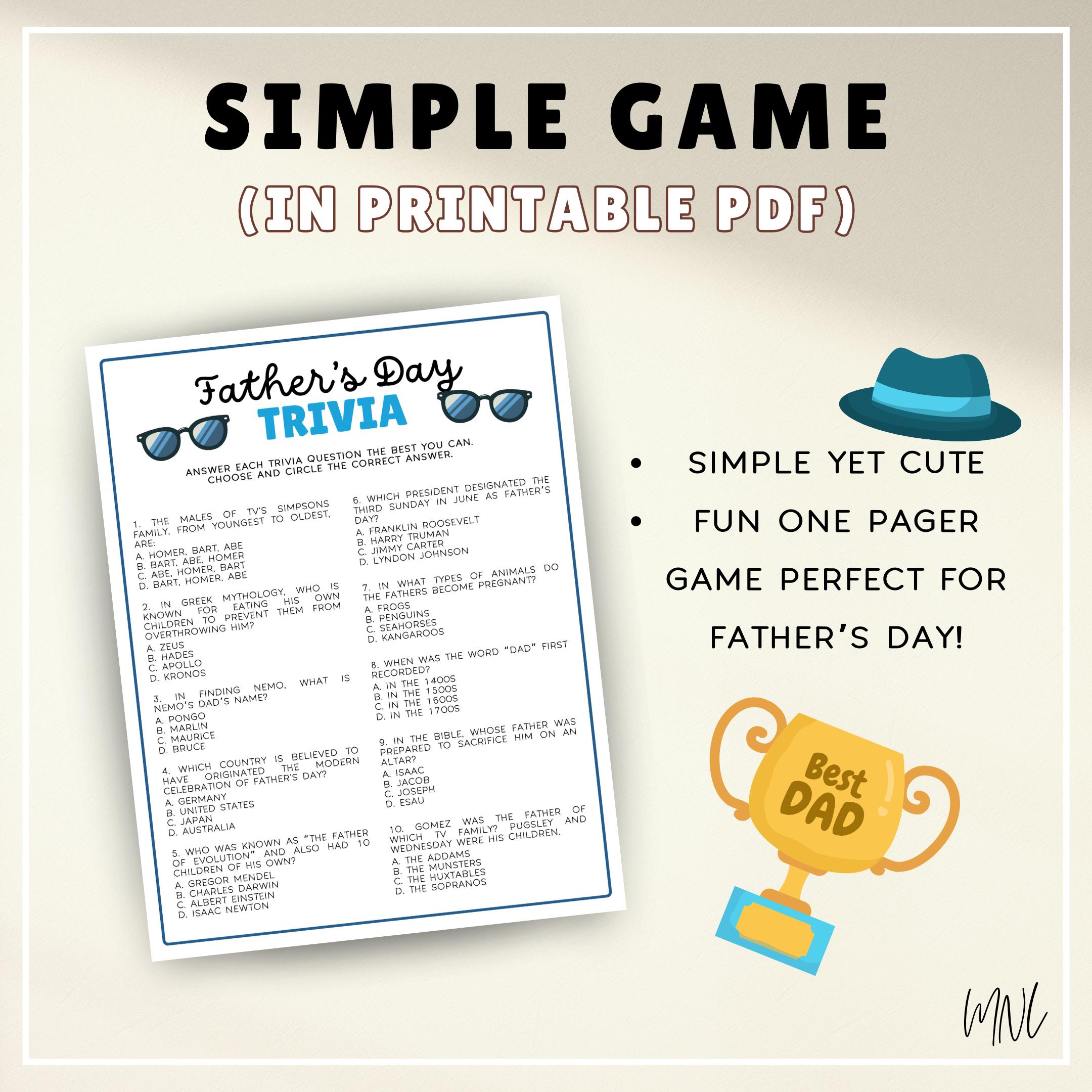 Fathers Day Trivia Game for Father’s Day Party, Printable Father’s Day ...