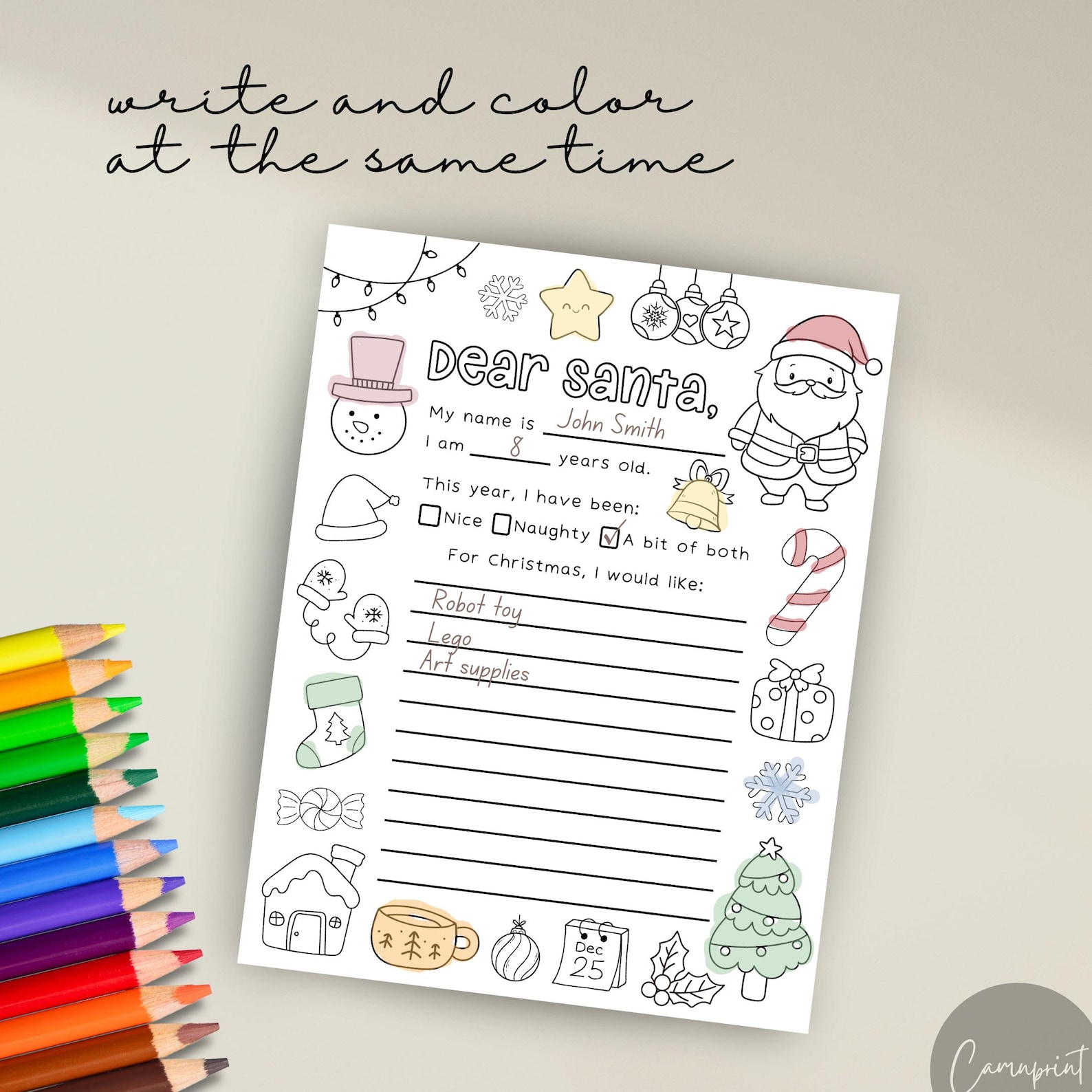 Letter to Santa Coloring Page Printable Christmas Wish List, Dear Santa ...