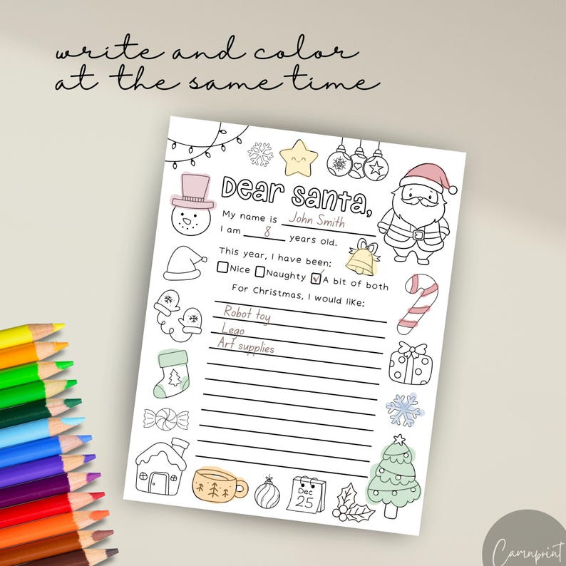 Letter to Santa Coloring Page Printable Christmas Wish List, Dear Santa ...